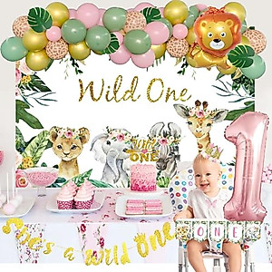 Fiesec Wild One Birthday Decorations Girl, Jungle Safari Animal Theme 1st Party Decorations Backdrop Balloons Leaves Monthly Photo Highchair Banner Box Cutout Cake Topper Crown Poster Pink 127 PCs