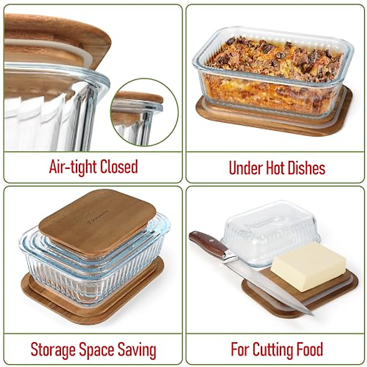 dokaworld Set of 4 Stackable Space-Saving Nesting Glass Bowls with Airtight Acacia Lids for Lunch, Meal & Food Prep - Microwave & Oven-ready BPA Free Durable Heat Resistant Inert Borosilicate Glass