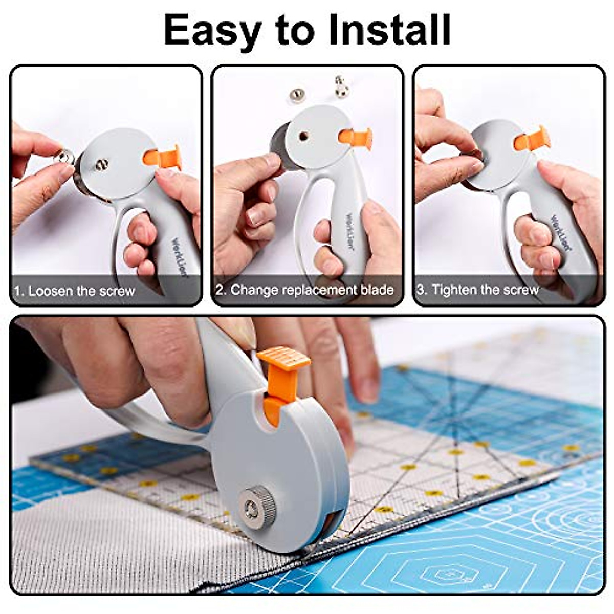 WORKLION 45mm Rotary Cutter for Fabric:Safety Lock with Ergonomic Classic Comfortable Handle Suitable for Crafting Sewing Quilting Crafts Includes Extra 5pcs 45mm Replacement Blade