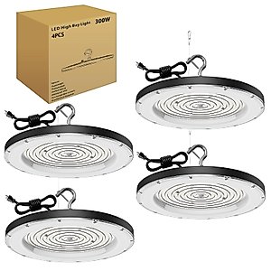 Royana UFO LED High Bay Light, Plug & Paly Lighting for Warehouse,5000K Daylight, 300W, AC110V-130V, 30000LM, IP65 Waterproof and Ideal Heat Dissipation, LED Shop Light for Factory Barn 4 Pack