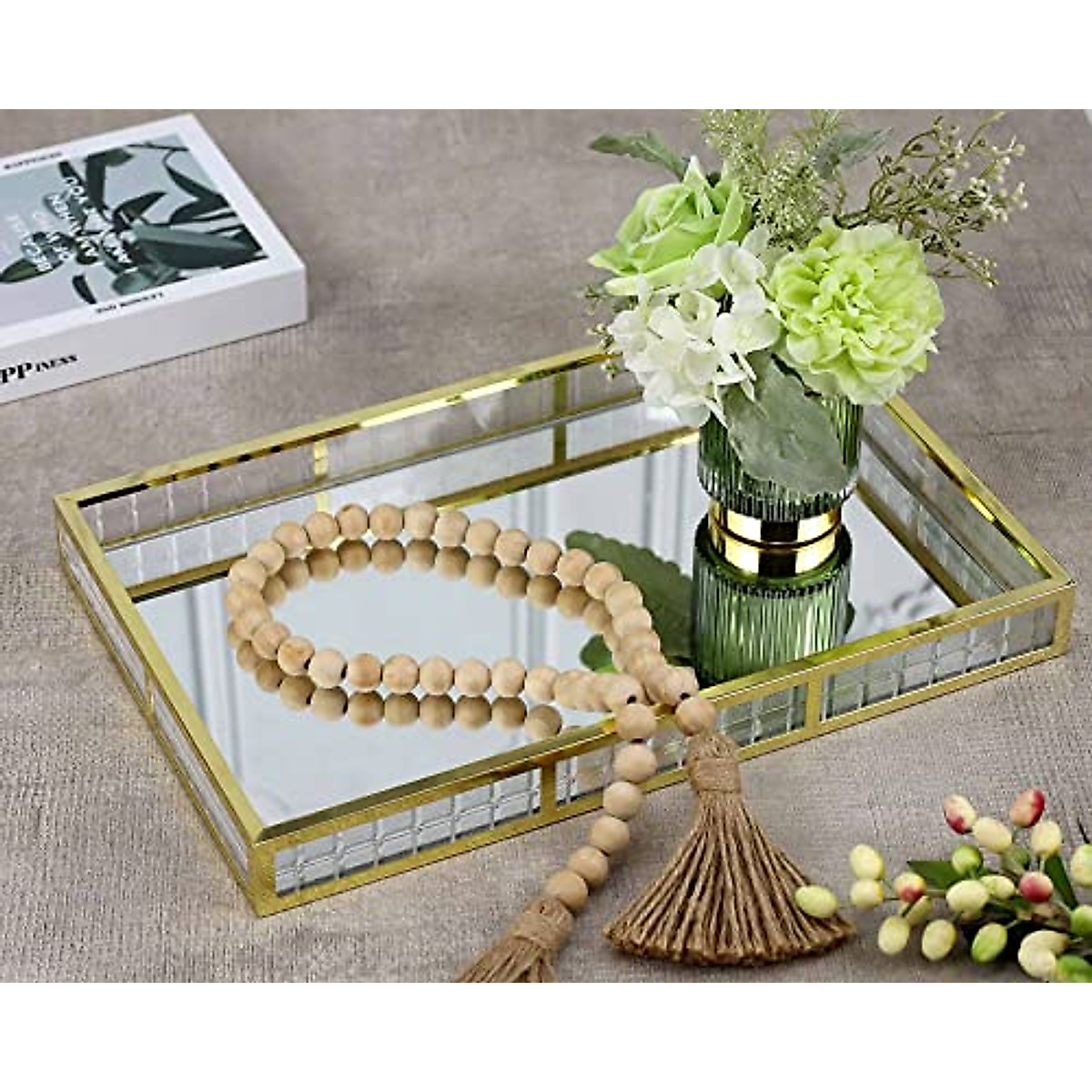 KEZNGUU Acrylic Tray,14" Serving Tray Decorative with Mirror Bottom,Contemporary Perfume Trays for Dresser,Gold Vanity Tray for Bathroom,Living Room,Bedroom,Ottoman,Nightstand,Office-Clear