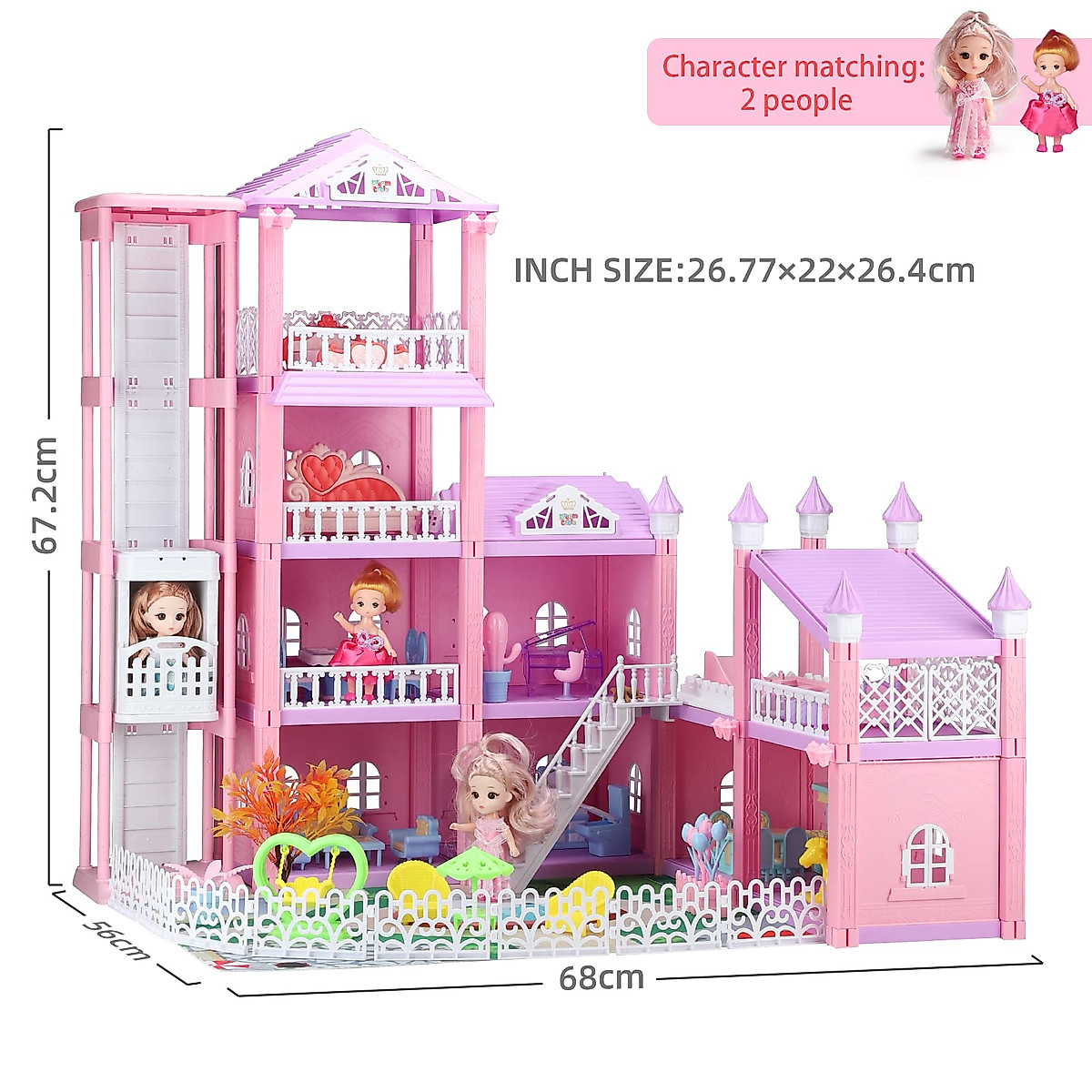 R HOME STORE Doll House Play House - 4-Story 9 Rooms Dream House Dollhouse with Lights, 2 Dolls Toy Figures, Controllable Elevators & Furniture Accessories Playhouse Toys Ages 3 4 5 6 Girls