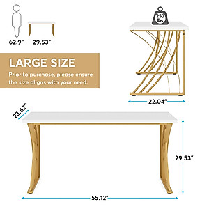 Tribesigns 55’’ Large Modern Computer Desk, White & Gold Luxury Laptop PC Student Table, Makeup Vanity Table with Thick Frame & Strong Legs, Sturdy Writing Workstation for Home & Office