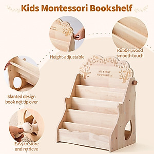 WOODEN TEETHER Kids Bookshelf Rubber Wood 5-Tier Montessori Bookshelf for Kids Durable Bookcase with Chalkboard & Storage Book Shelf Display Rack for Nursery Kids Room
