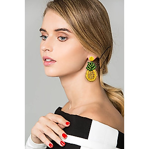 Beaded Dangle Earrings Handmade Bead Avocado Pineapple Watermelon Earrings Bohemia Statement Fruit Drop Earrings Summer Beach Jewelry Gifts (A Yellow Pineapple)