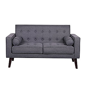Container Furniture Direct Valadez Linen Upholstered Tufted Mid-Century Modern Loveseat with Bolsters, Dark Grey