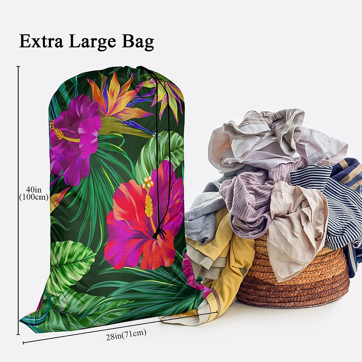 Swono Tropical Flowers Drawstring Closure Dirty Clothes Bag Organizer, Heavy Duty Large Laundry Bag, Floral Pattern Botanical Hibiscus Palm Leaf Bird Summer Rip-Stop Bags for Camp Travel