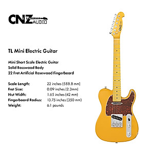 CNZ Audio TL Mini Electric Guitar - Surf Green Finish, White Pickguard, 3/4 Short Scale, 7/8 Size Guitar, 2 Single Coil Pickups, C Shaped Maple Neck, Natural Maple Fingerboard, Classic Look & Feel