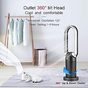 Ocean Loong Bladeless Tower Fan and Air Purifier in one, 9 Speeds & 9 Hs Timer Quiet Cooling Fan, 120 ° Oscillating Bladeless Fan with Remote, 29 inch Powerful Floor Fan for Bedroom Room -Gray