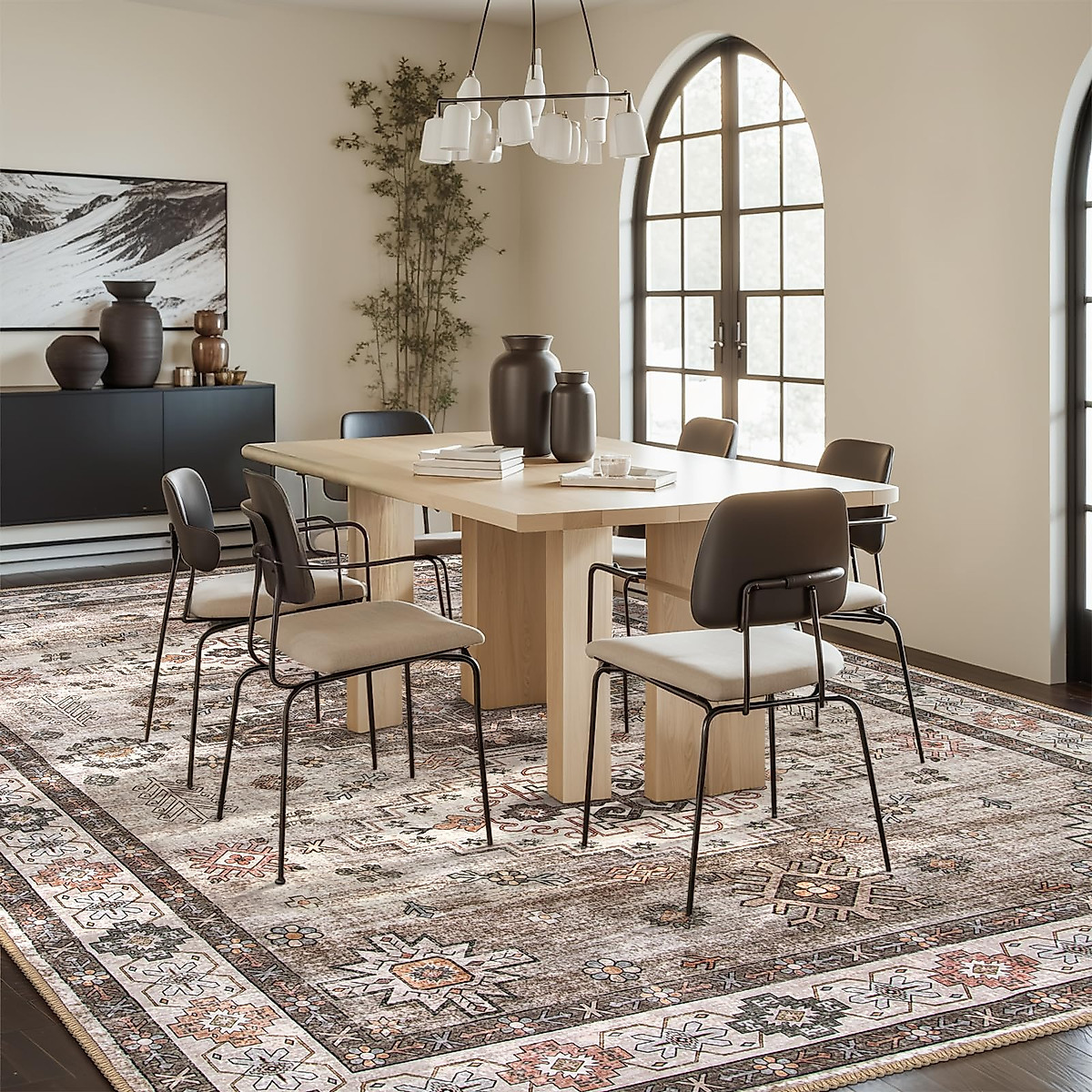 Lahome 8x10 Large Rugs for Living Room, Washable Soft Bedroom Rug 8x10 Under Bed, Ultra-Thin Living Room Rug Non Slip, Vintage Print Aesthetic Carpets for Dining Room Office (Beige, 8'x10')