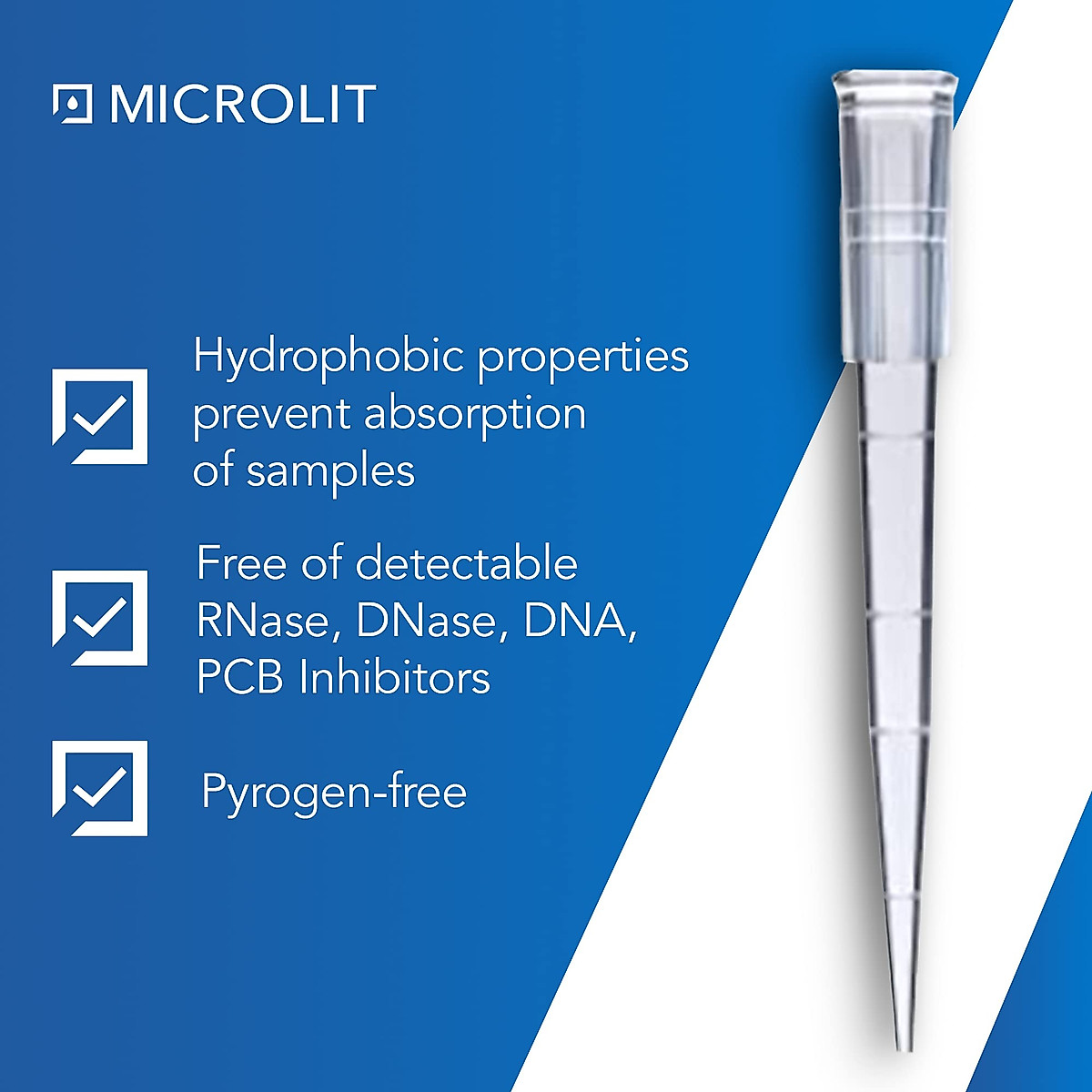 MICROLIT - Micropipette Pipette Tips, Low-Retention and Clean-Release Hydrophobic Transfer Pipettes, Universal Fit Nonpyrogenic 200 ul Plastic Pipette Tips, 960-Count, 1 Pack of 10 Racks