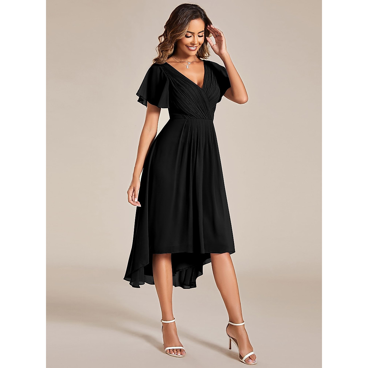 Ever-Pretty Women's Chiffon V-Neck Short Wedding Guest Dress with Ruffled Sleeves Black US12