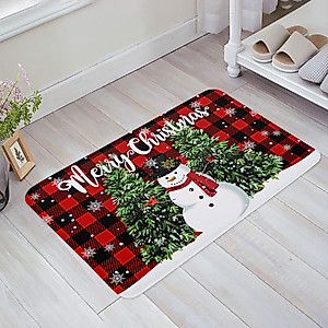 Merry Christmas Soft Touch Door Mat Anti-Skid Water Absorbent Entrance Rug, Memory Foam Anti-Wear Indoor Doormat for Entryway Patio Bathroom Snowman Christmas Tree Red-Black Plaid 18x30Inch