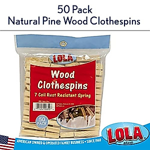 Lola Products Wooden Clothespins | Moisture Resistant Natural Pine Wood | Rust Resistant 7 Coil Spring Clips | Will Hold Up to 10lbs On Each Clothespin | Multipurpose - 50 Pack