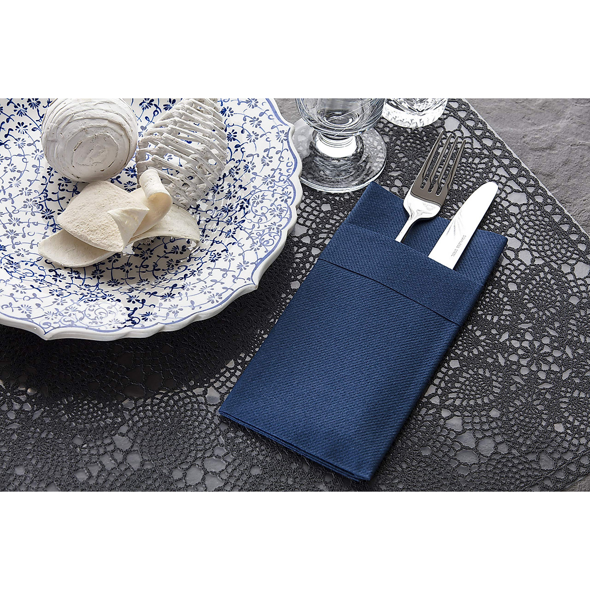 Navy Dinner Napkins Cloth Like with Built-in Flatware Pocket, Linen-Feel Absorbent Disposable Paper Hand Napkins for Kitchen, Bathroom, Parties, Weddings, Dinners or Events, 16x16 inches, Pack of 50