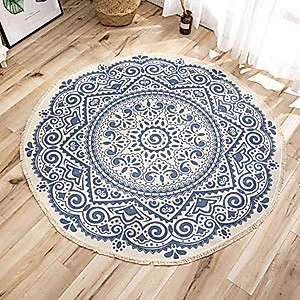 Kitchen mat, bathroom mat, carpet, washable and so Round Cotton Area Rug, Boho Style Geometric Pattern Soft Carpet Tassel Rug Chair Pads Machine Washable Easy Clean for Home Living Room Bedroom Dining