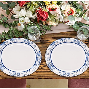 Gift Boutique 50 Blue Floral Oval Paper Plates 10" X 12" Large Disposable Platters Spring Summer Flowers Serving Dish Tray for Birthday Party Supplies
