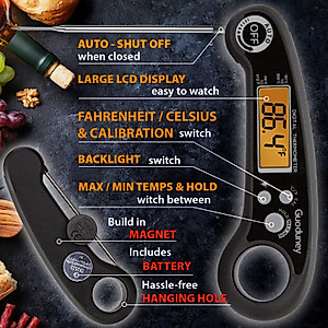 Guoduney Meat Thermometer, Instant Read Temperature, Auto Turn On Off, Backlight, Bulit-in Magnet, Foldable Probe for Kitchen Cooking BBQ Smoker Grilling Fry