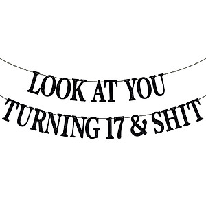 Happy 17th Birthday Banner, Cheers to 17 Years, Young Sweet and Only 17, Teen Boys Girls Funny 17th Birthday Party Decorations Backdrop Gifts, Black Glitter
