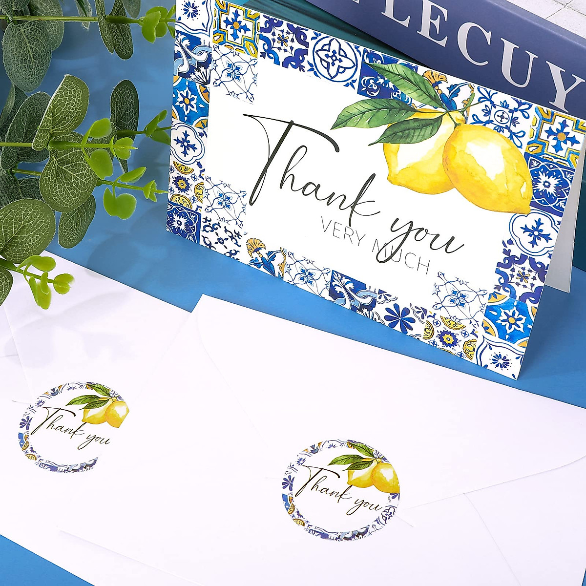 AnyDesign Lemon Thank You Cards Bulk 24 Pack Thank You Note Cards with Matching Seal Stickers Envelopes Blue Tiles Lemon Greeting Cards for Baby Shower Wedding Birthday Bridal Party and All Occasion