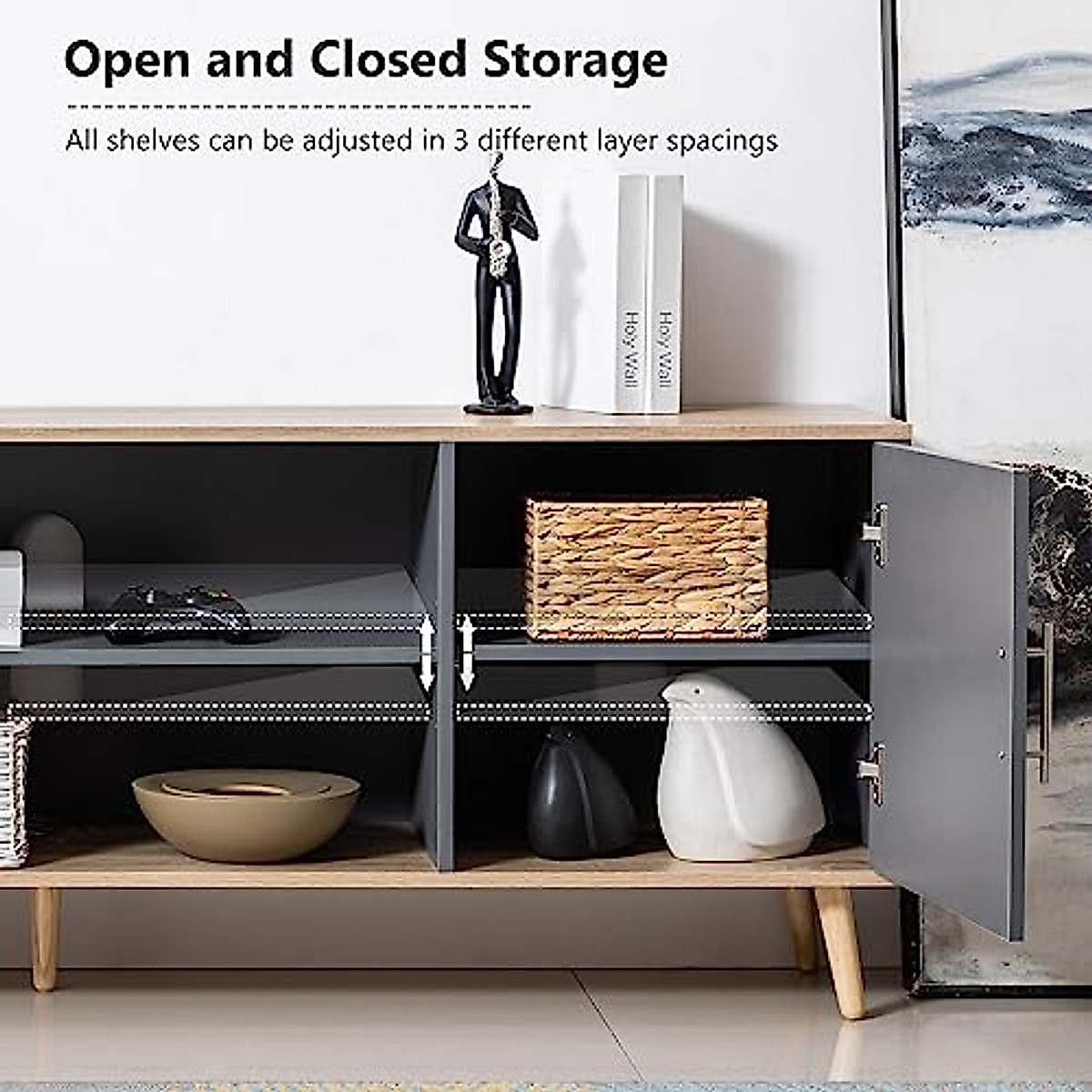 AUXSOUL Mid Century Modern TV Stand for 75 Inch TV, 70 Inch TV Stand with Storage, Entertainment Center for Living Room Bedroom, TV Media Console, Grey & Oak