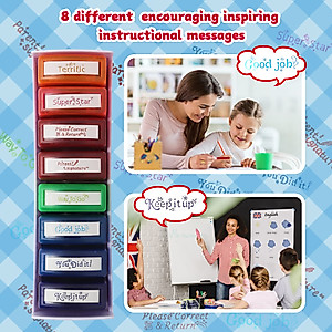 Hmseng Self-Inking Teacher Stamp Set (8PCS) for Grading Classroom Teachers Review Homework Feedback Parents Signature Colorful Business Stamps-Design2