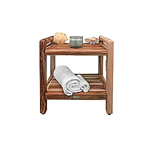 DecoTeak Earthy Teak Shower Stool Eleganto Natural Wood Seat Shower Bench with Storage Shelf and LiftAide Arms for Indoors and Outdoors - 14 inches Wide