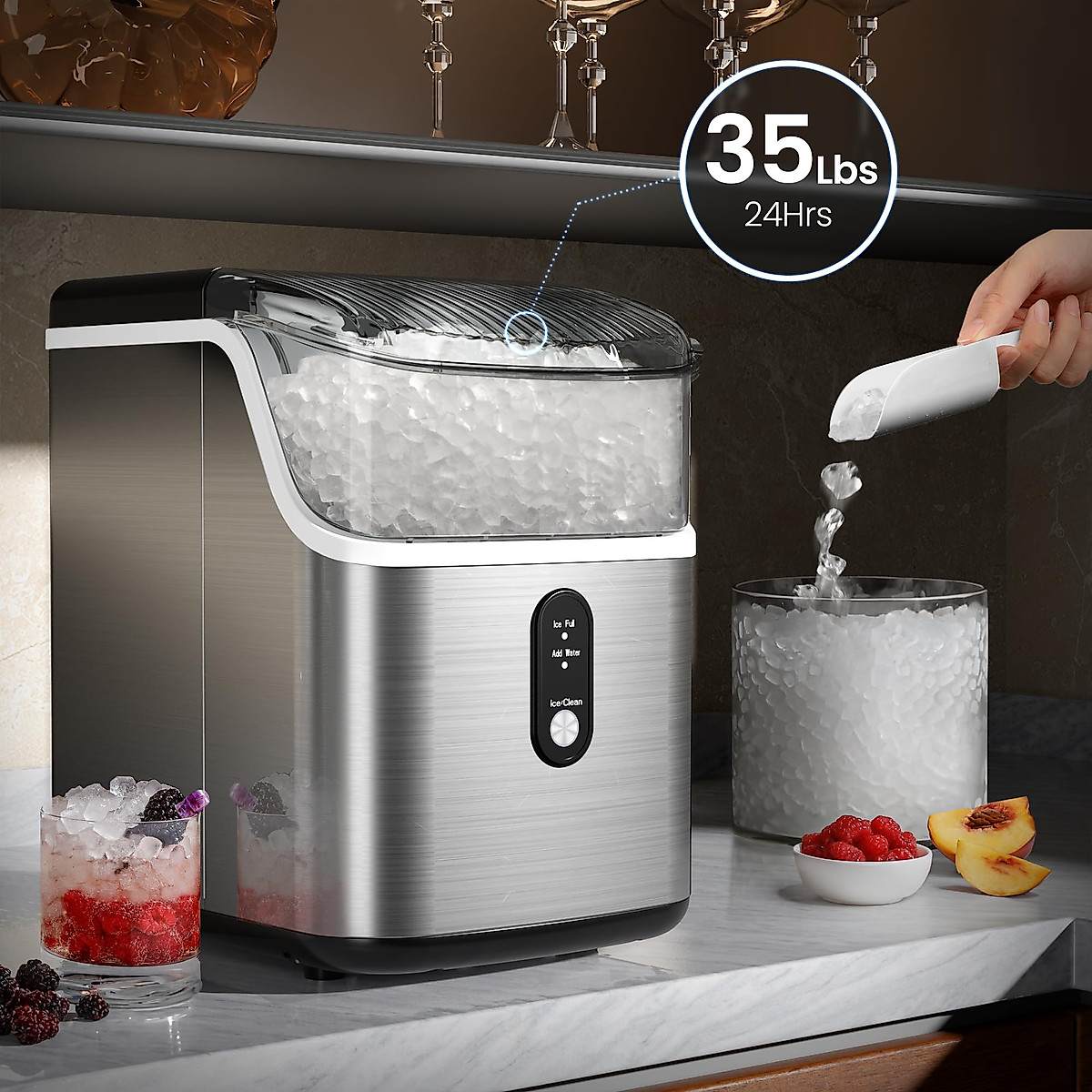 Kismile Nugget Ice Makers Countertop,Pebble Ice Maker Machine with Chewable Ice, 35lbs/Day,One-Click Operation,Self-Cleaning Countertop Ice Machine,Pellet Ice Maker Countertop for Home/Kitchen/Office