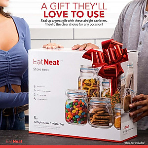EATNEAT 5-Piece Airtight Glass Kitchen Canisters with Glass Lids - Set of 5 Mason Jars for Food Storage, Organization, and Canning - Food Storage Containers that Hold 68, 51, 34, 27, and 17 Ounces