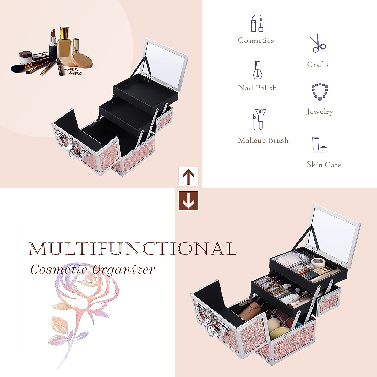 Costravio Portable Makeup Train Case Cosmetic Box 2 Trays Makeup Storage Organizer with Mirror Lockable for Nail Tech Jewelry Girls Travel Case - Rose Gold