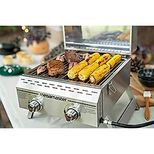 Megamaster Premium Outdoor Cooking 2-Burner Grill, Outdoor Cooking While Camping, Outdoor Kitchen, Patio Garden, Barbecue with Two Foldable legs, Silver in Stainless Steel