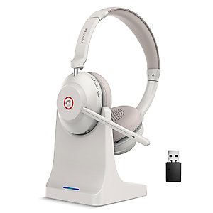Wireless Headset, QCC 5.2 Bluetooth Headset with CVC 8.0 Dual Mic Noise Canceling & Charging Dock, 45 Hrs Wireless Headphones with USB Dongle for Computer Cell Phone Office Work Teams Meetings
