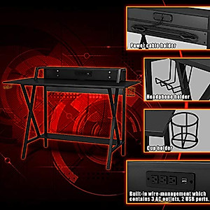 Tangkula Gaming Computer Desk with Monitor Shelf, Gaming Table Workstation with Cup Holder Headphone Holder & Built-in Power Strip, Computer Workstation Writing Desk Home Office Desk, Black
