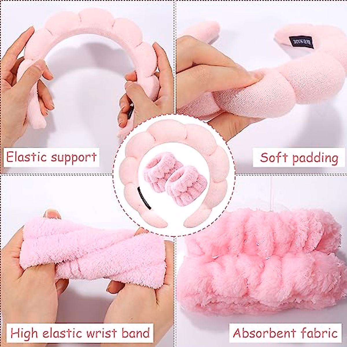 Zkptops Spa Headband for Washing Face Wristband Set Sponge Makeup Skincare Headband Wrist Towels Bubble Soft Get Ready Hairband for Women Girls Puffy Headwear Non Slip Thick Thin Hair Accessory(Pink)