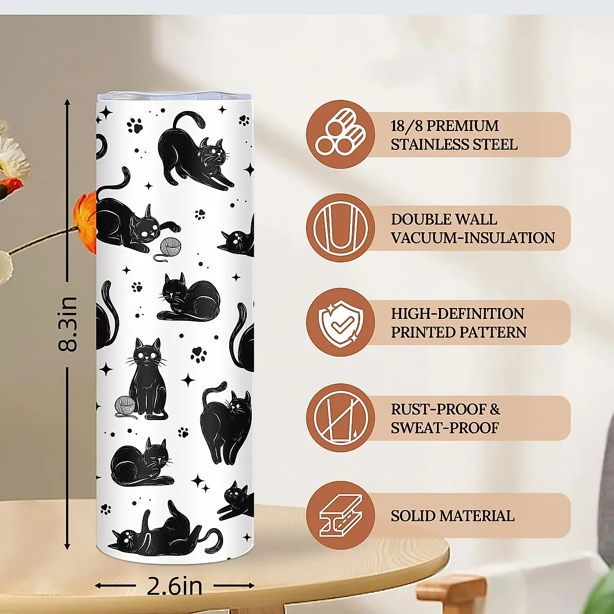 MoYueno Cat Mugs for Cat Lovers, 20oz Slim Black Kitty Tumbler with Lid & Straw & Brush, Kitty Coffee Mugs for Animal Lovers, Animal Gift for Birthday