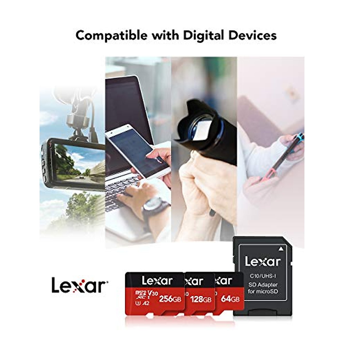 Lexar 256GB Micro SD Card, MicroSDXC Flash Memory Card with Adapter Up to 160MB/s, A2, U3, V30, C10, UHS-I, 4K UHD, Full HD, High Speed TF Card for Phones, Tablets, Drones, Dash Cam, Security Camera