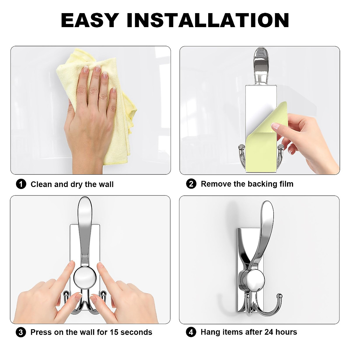 VINHOLD Metal Wall Mounted Towel Hooks, Self-Adhesive Coat Hooks with Tri Hooks for hanging towels, coats, hats, pans, Utility Hooks for bathrooms, bedrooms,kitchens(2 pack，glossy)