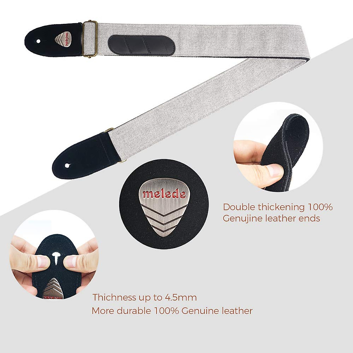 Guitar Strap with Leather Ends and Pick Pocket, 3 Picks, Strap Button Included, Ideal for Electric Acoustic Bass Guitar, Banjos and Ukulele