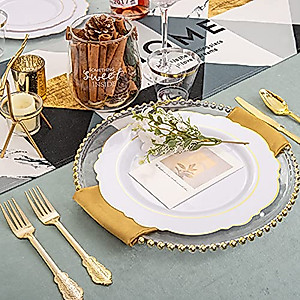WDF 50Guest Gold Plastic Plates - Disposable White and Gold Plastic Plates include 100Plates, 150Gold Plastic Silverware, 50Cups, 50Napkins Plates for Wedding&Parties