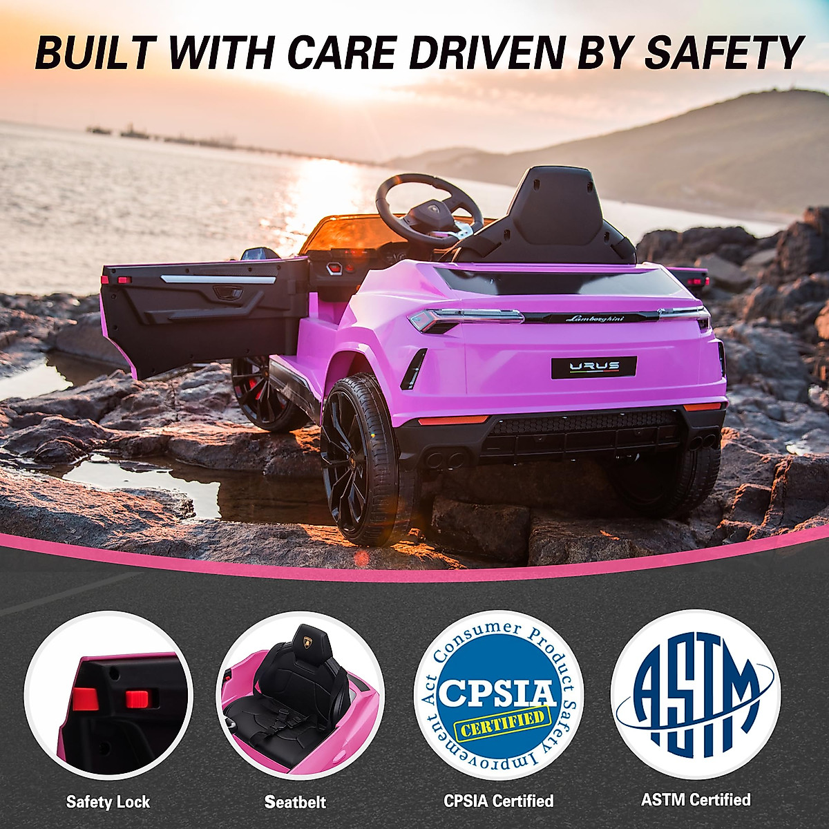 Rock Wheels Licensed Lamborghini Urus Ride On Truck Car Toy, 12V Battery Powered Electric 4 Wheels Kids Toys w/Parent Remote Control, Foot Pedal, Music, Aux, LED Headlights, 2 Speeds (Pink)