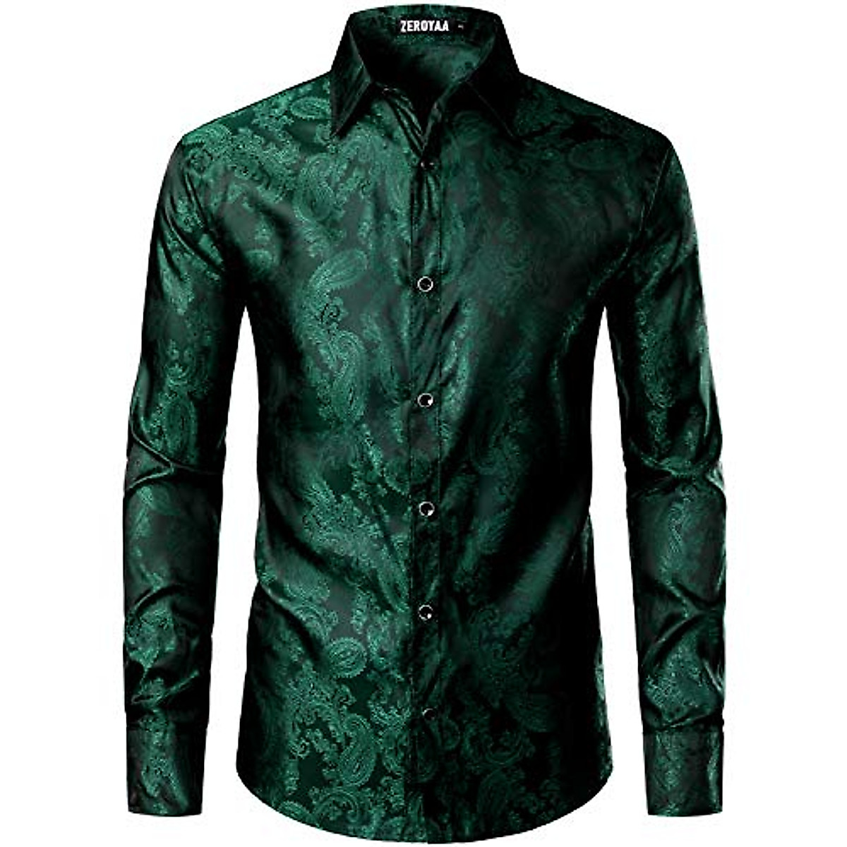 ZEROYAA Men's Paisley Jacquard Slim Fit Long Sleeve Button Up Dress Shirt for Party Prom ZLCL28-Emerald Small