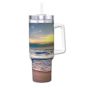 HULIBIN Serene Seaside Sunset Print Double Deck Stainless Steel Travel Coffee Cup With Lid 40 Oz Ice Bully Cup
