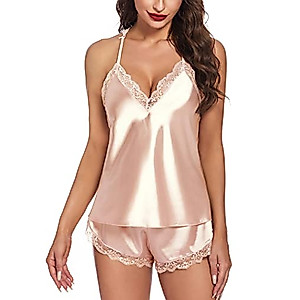 Avidlove Women's Sexy Silk Satin Pajamas Sets Lace Trim Cami Tops Shorts Sleepwear Champagne Medium