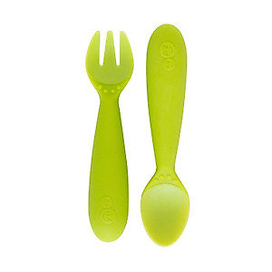 ezpz Mini Collection Set (Lime) - 100% Silicone Cup + Straw, Fork, Spoon & Mini Mat Suction Plate with Built-in Placemat for Infants + Toddlers - First Foods + Self-Feeding - 12 Months+