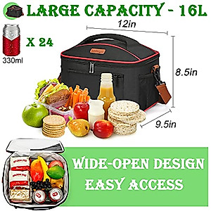 LOKASS Lunch Box Insulated Lunch Bag Leakproof Cooler Bag Large Drinks Holder Wide-Open Snacks Organizer with Shoulder Strap for Men Women Adult Work School Picnic Beach Camping Hiking, Black(16L)