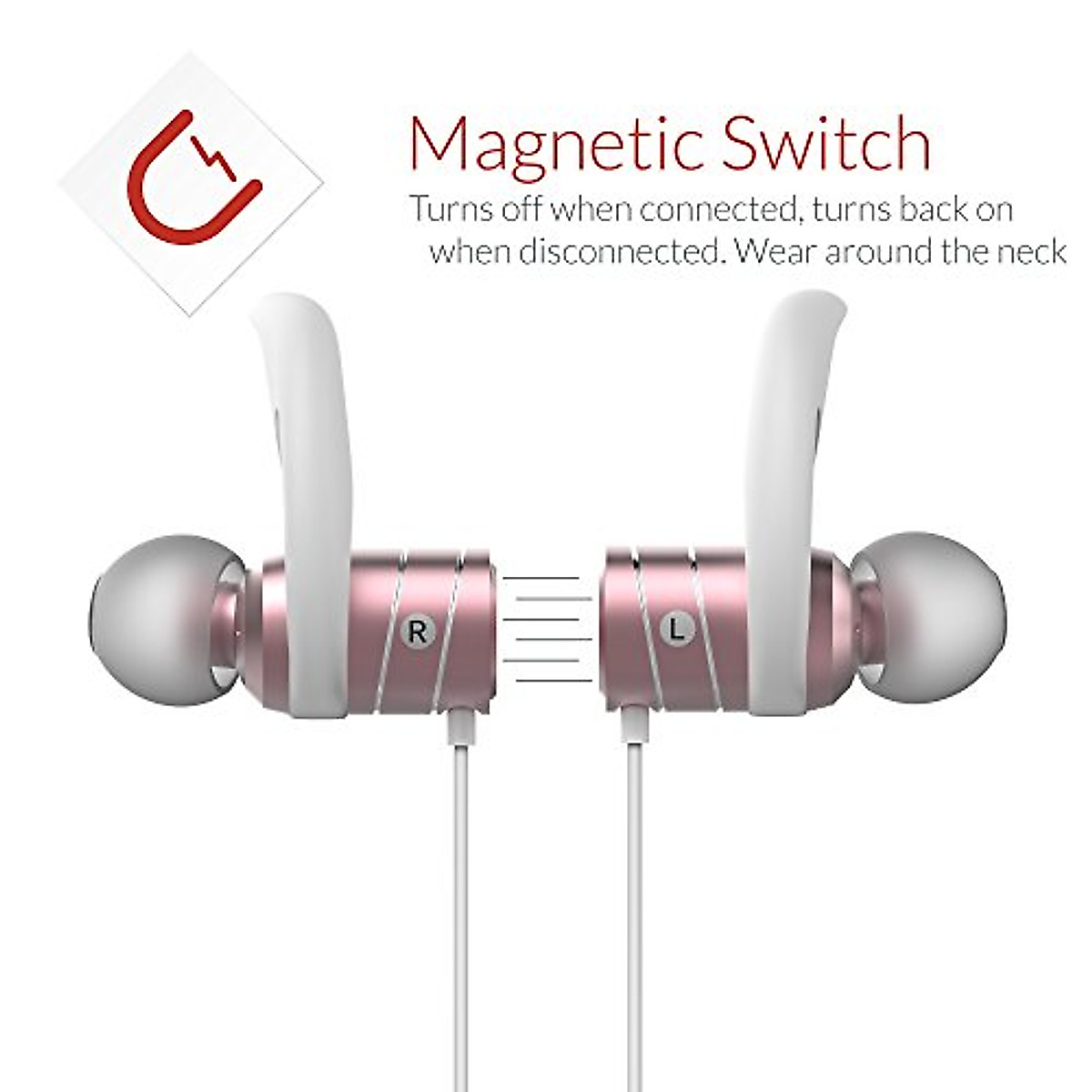 Crave Octane Wireless Bluetooth Earphones, in-Ear Sweat and Water Resistant Stereo Headphones Earbuds with 8 Hour Battery, Magnetic Ends, Built-in Mic - Rose Gold
