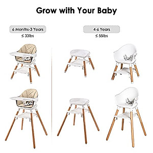 Beberoad Love Baby High Chair, 4 in 1 Wooden Highchair Convertible High Chair Booster Toddler Chair with Double Removable Tray, 5-Point Harness & PU Cushion for Babies Infants Toddlers White