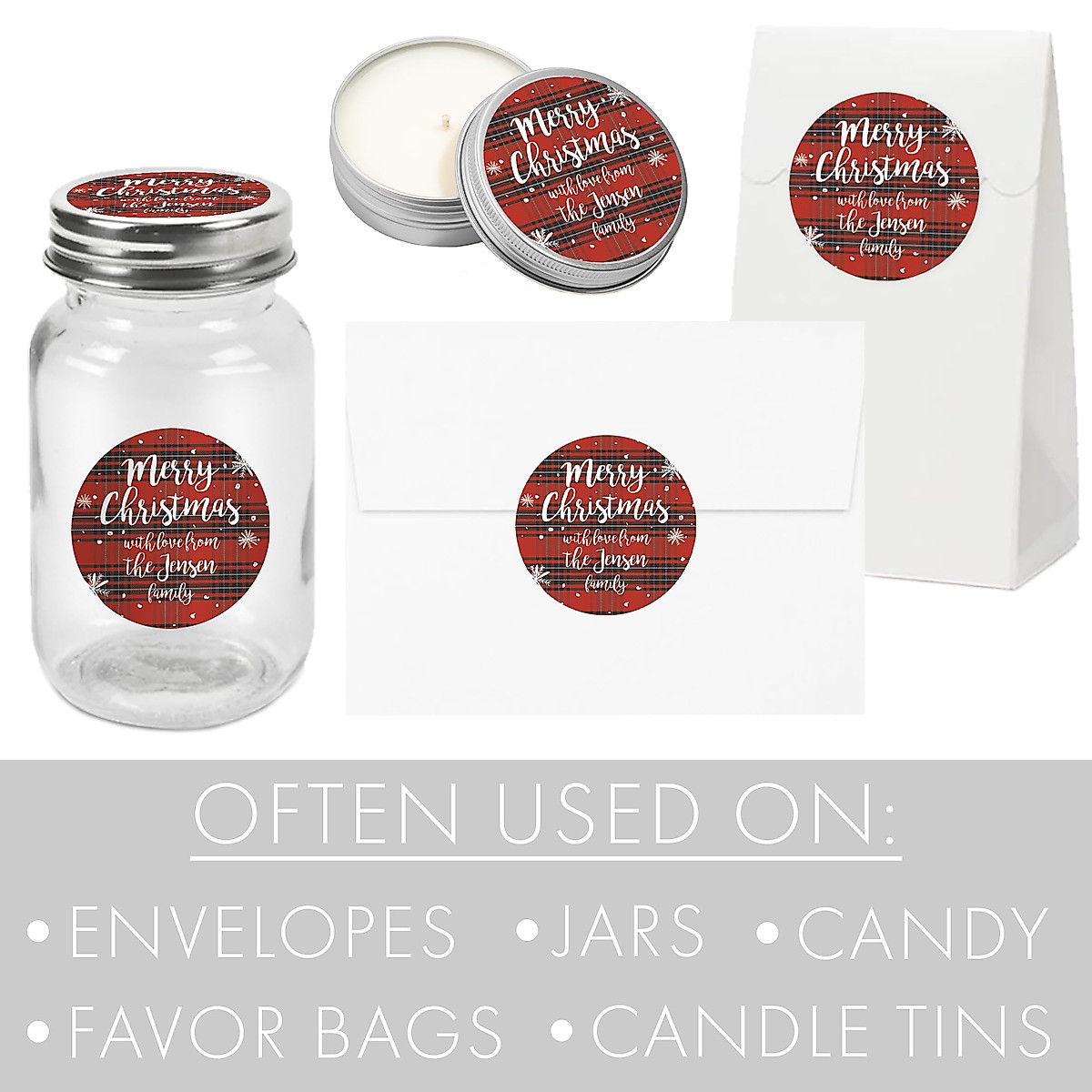 Personalized Plaid Merry Christmas Round Labels - 40 Stickers - Red and Black Peel and Stick Custom Gift Wrap Tags – Sellf Adhesive Christmas Plaid Stickers