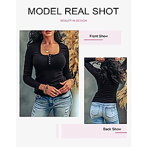 Dokotoo Women's Sexy Fall Tunic Tops for Leggings Long Sleeve Shirts V Neck Soild Color Front Button Up Causal Stretch Blouse Slim Fit T Shirt for Women Black Medium