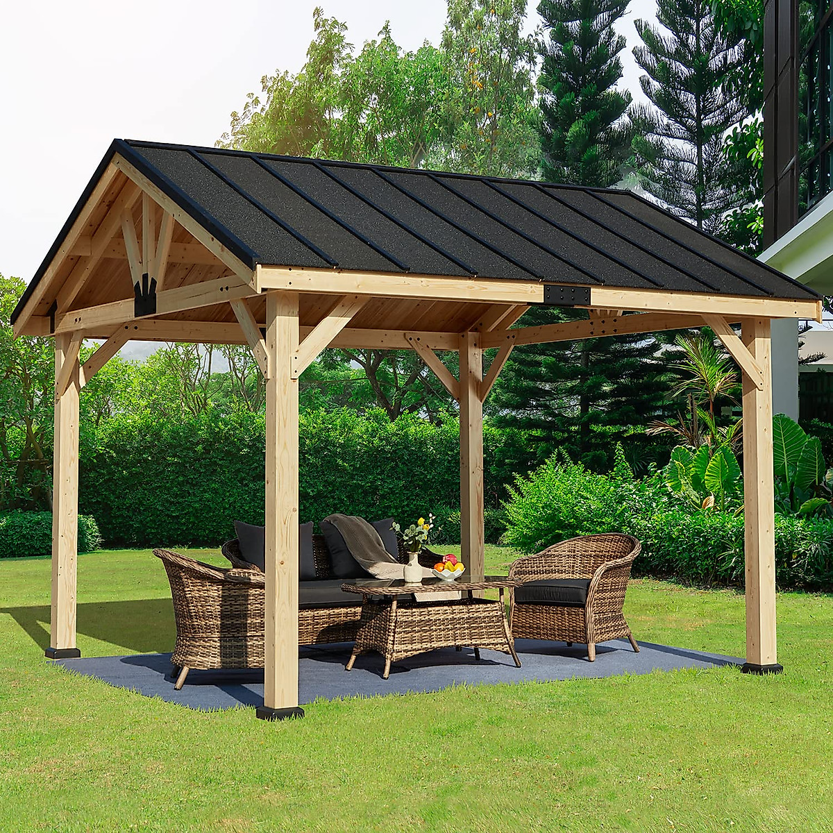 LSKTGA Gazebos, 11x12 FT Solid Wood Patio Gazebo Small wood pergola with Waterproof Asphalt Roof, Outdoor Permanent Hardtop Gazebo Canopy for Patio, Garden, Backyard